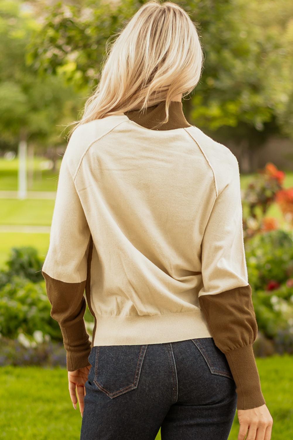 Desert Palm Colorblock Raglan Puff Sleeve Mock Neck Sweater - M&C ...